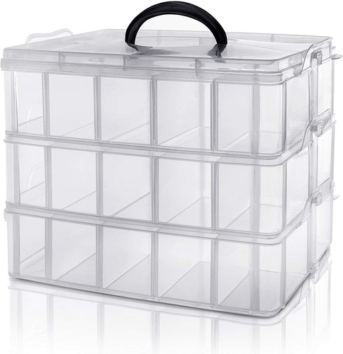 Stackable 3 Tier Clear Plastic Craft Storage Box with 30 adjustable ...