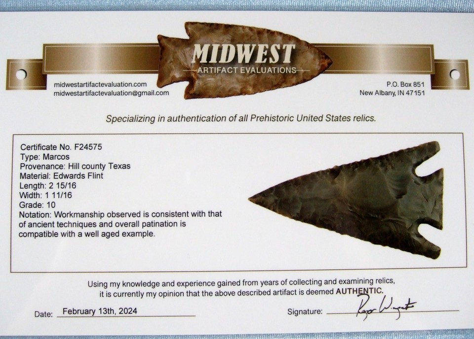 Exceptionally Fine 2 15/16 inch G10 Texas Marcos Point with COA ...