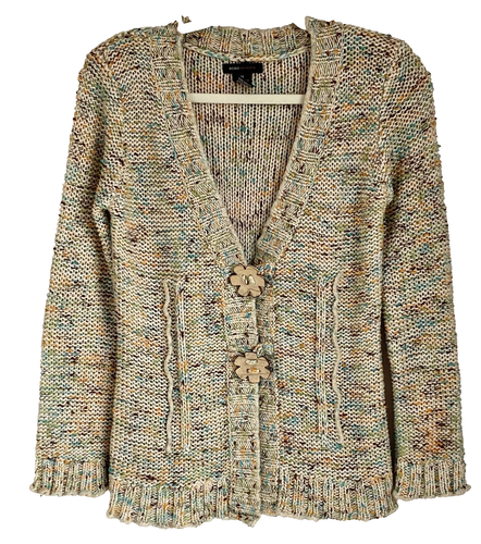 BCBG MAXAZRIA women's Medium knit cardigan sweater large wooden flower ...
