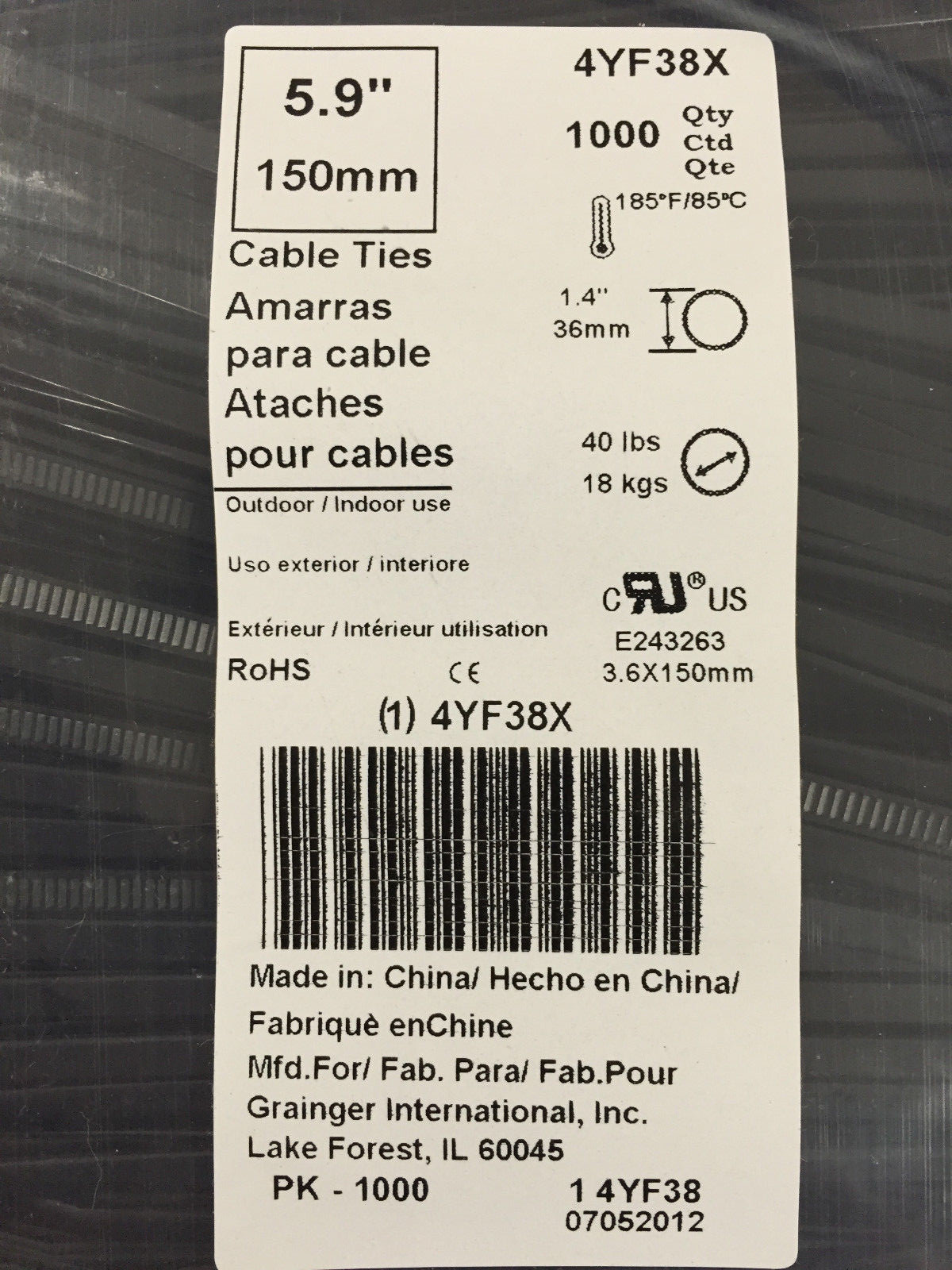 Lot of 1000 Cable Ties 5.9", 150mm Model 4YF38X, Zip Ties, Grainger | eBay