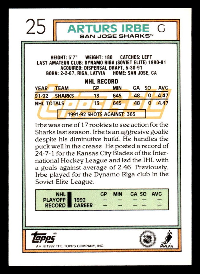 Arturs Irbe San Jose Sharks 1992-93 Topps Gold #25 | eBay
