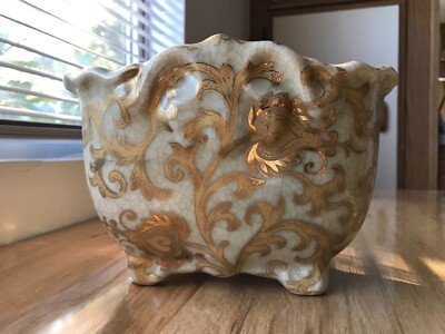 Vintage Amita Porcelain Ivory Gold Botanical Motif Crackle Glaze Footed ...