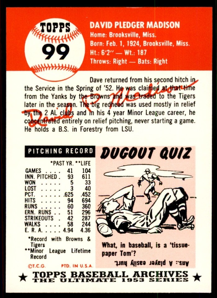 1991 Topps Archives 1953 Dave Madison . Detroit Tigers #99 | eBay