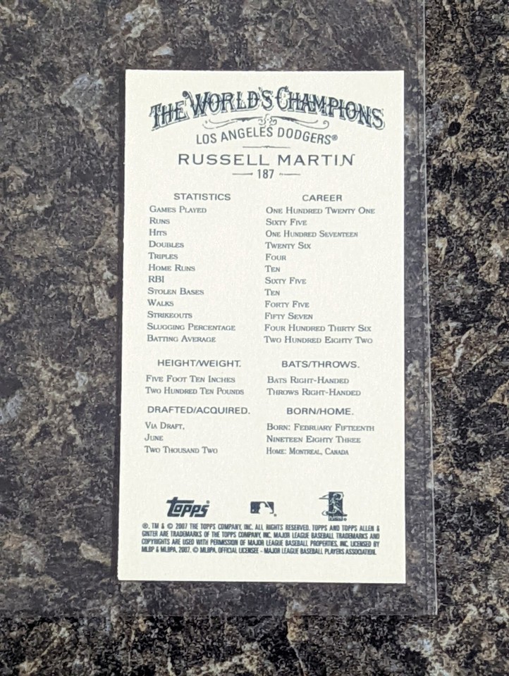 2007 Topps Allen & Ginter Mini #187 - Russell Martin - Los Angeles ...