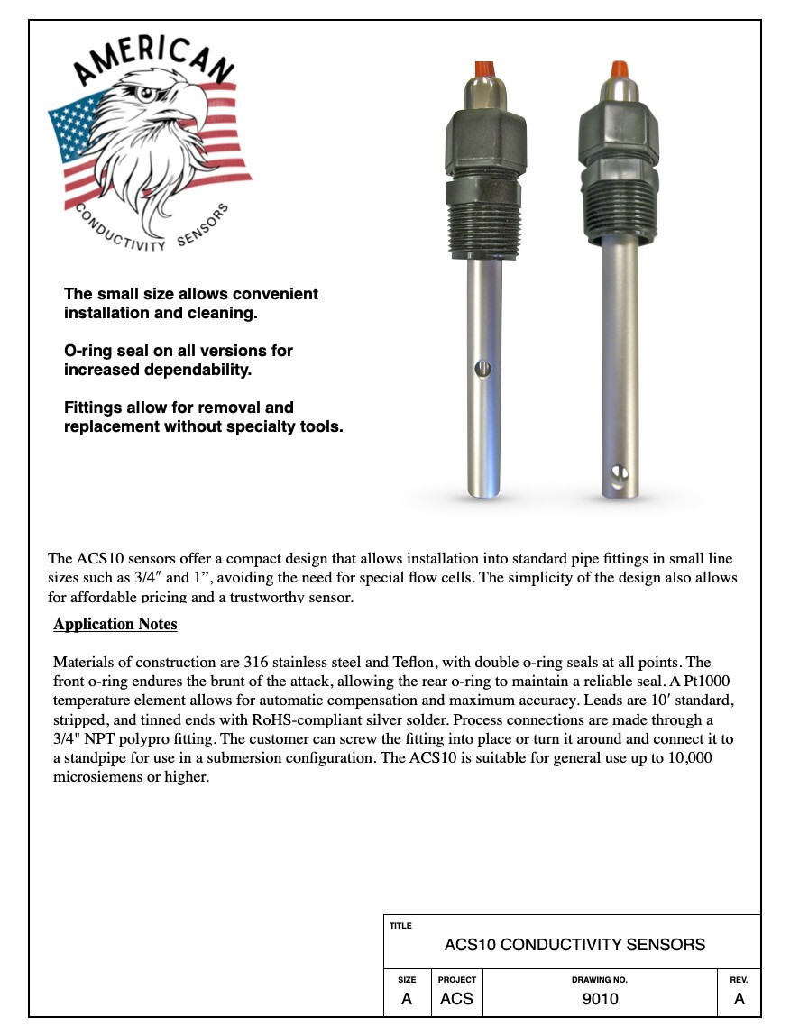 ACS10-1.0 Conductivity Sensor PN 3-2821-1 Equivalent K=1.0 Industrial ...