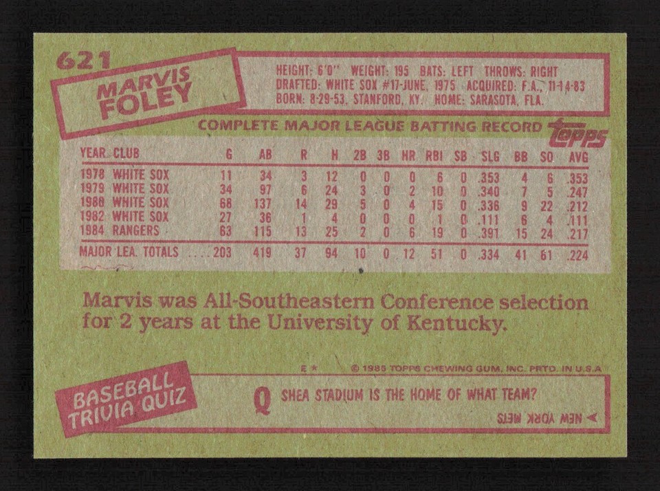 1985 Topps Baseball Marvis Foley #621 Texas Rangers | eBay
