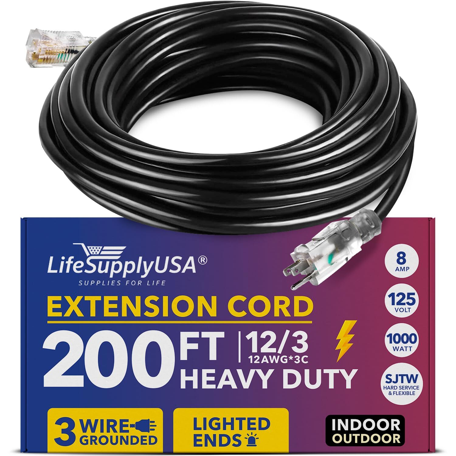 200ft Power Outdoor Extension Cord & Indoor - Waterproof Electric Drop ...