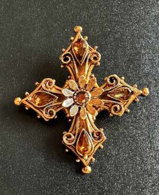 Vintage Florenza Cross Brooch Pin Pendant Gold Tone Butterscotch ...