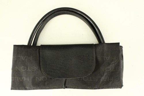 Designer HALSTON Black Leather & Nylon Logo Roll Up Shopper Tote Purse ...
