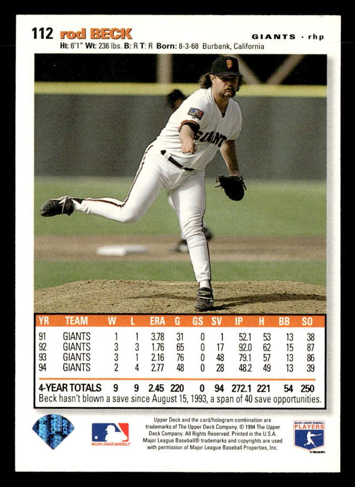 Rod Beck 1995 Collector's Choice SE Card #112 San Francisco Giants | eBay