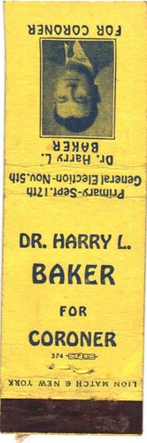 Dr. Harry L. Baker For Coroner Vintage Matchbook Cover | eBay
