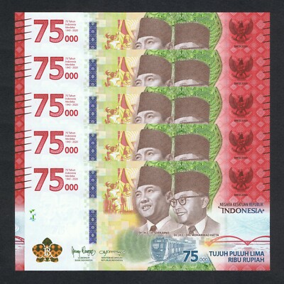 2020 INDONESIA 75,000 75000 RUPIAH P-NEW UNC LOT 5 PCS> > > > > >75TH ...