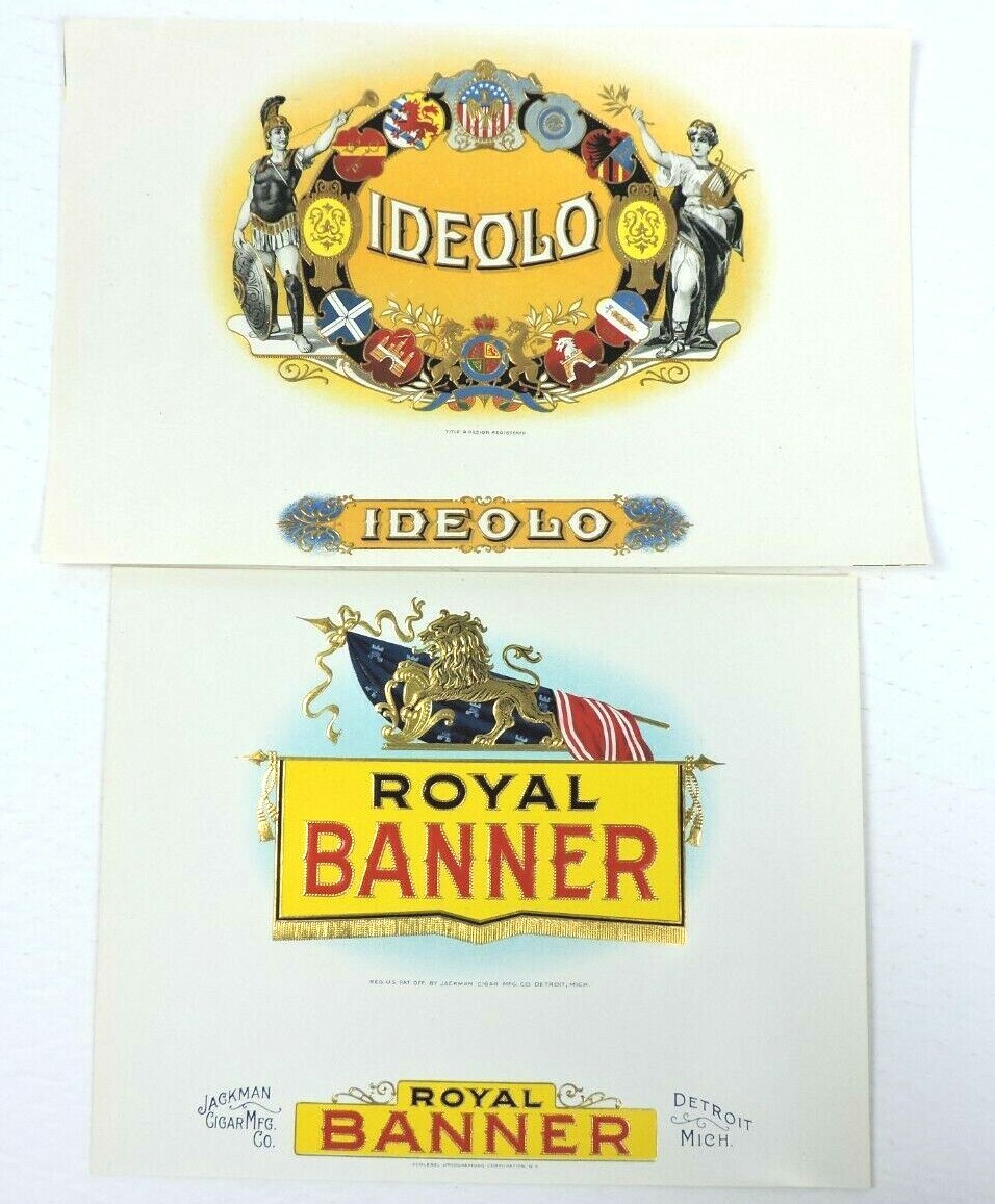 Cigar Labels Lot of 2 Royal Banner Jackman Ideolo Gold Embossed Crest ...