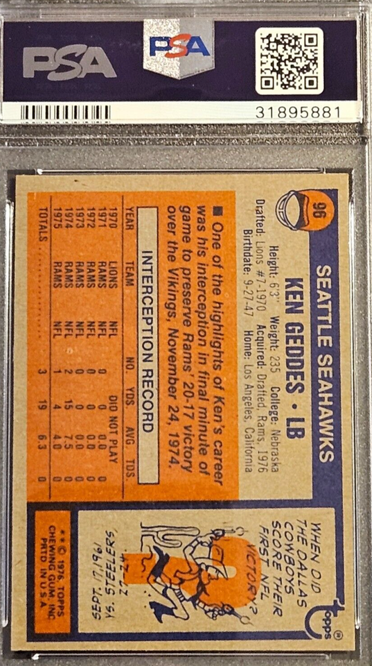 1976 Topps #96 Ken Geddes, PSA 10 / GEM MINT, Seattle Seahawks | eBay