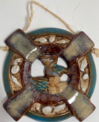Vintage Ceramic wall hanging, ships wheel, pelican,shells blue& browns ...