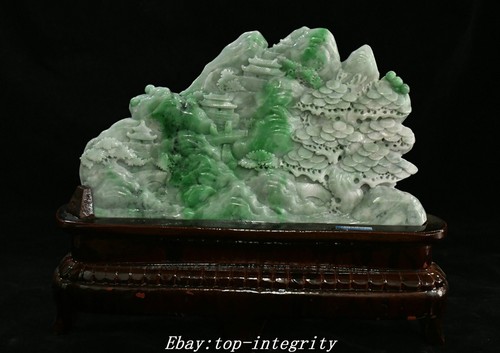 10" 100% Icy Emerald Green Jade Jadeite Landscape House Pine Tree Bead ...