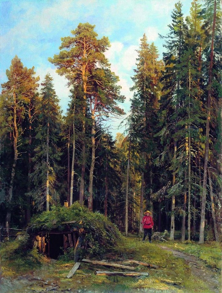 Oil Shishkin Ivan Ivanovich - Lumberjack's home in forest evening Hand ...