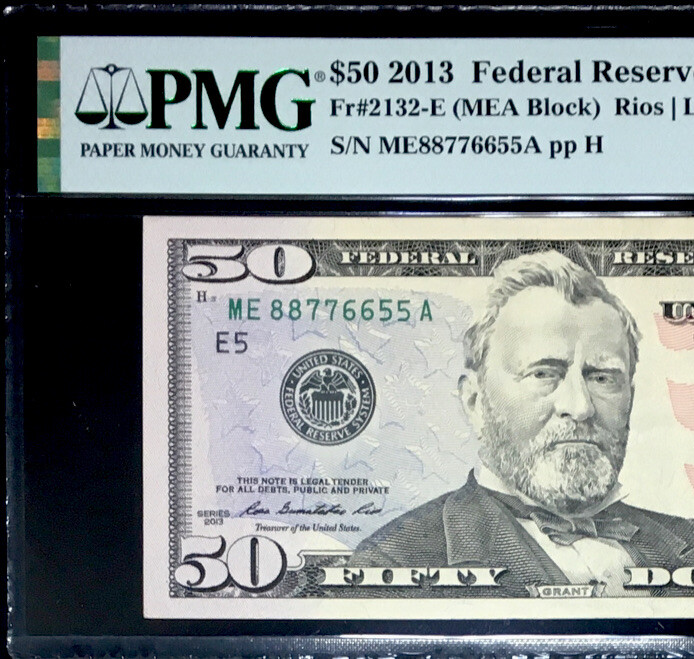 2013 $50 FEDERAL RESERVE NOTE-DESCENDING PAIRS LADDER #88776655-PMG ...