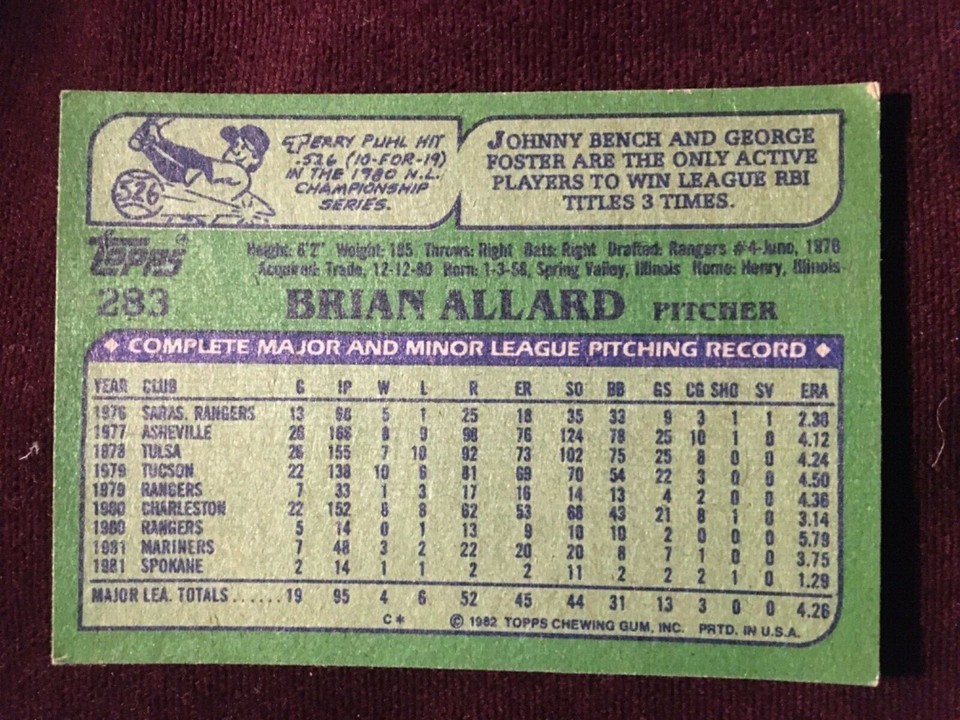 1982 Topps #283 Mariners Brian Allard Baseball Card | eBay