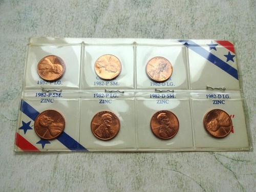 BU Red 1982 Lincoln cent penny P&D SM- LG date variety 7 coin set ...