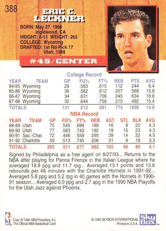 Eric Leckner 1993-94 Hoops #388 Philadelphia 76ers Basketball | eBay