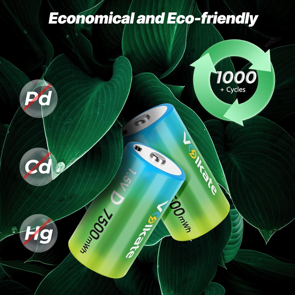 Rechargeable D Cell Batteries 4 Pack, 1.5V 7500mwh Lithium LR20 Battery ...