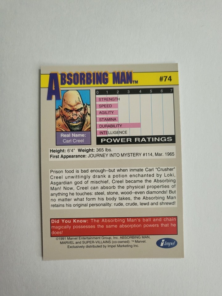 VINTAGE 1991 IMPEL MARVEL SERIES 2 ABSORBING MAN #74 CARD GREAT ...