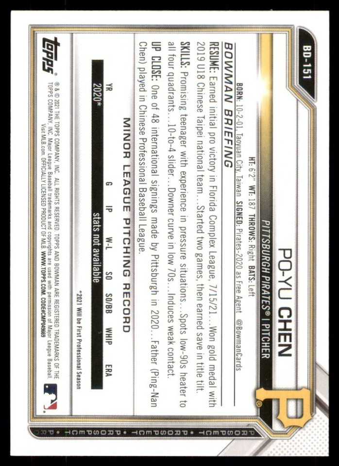 2021 Bowman Draft Base #BD-151 Po-Yu Chen - Pittsburgh Pirates | eBay