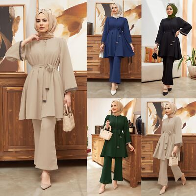Modest 2pcs Muslim Dubai Wide leg Long Pants Tops Turkish Women Islamic ...