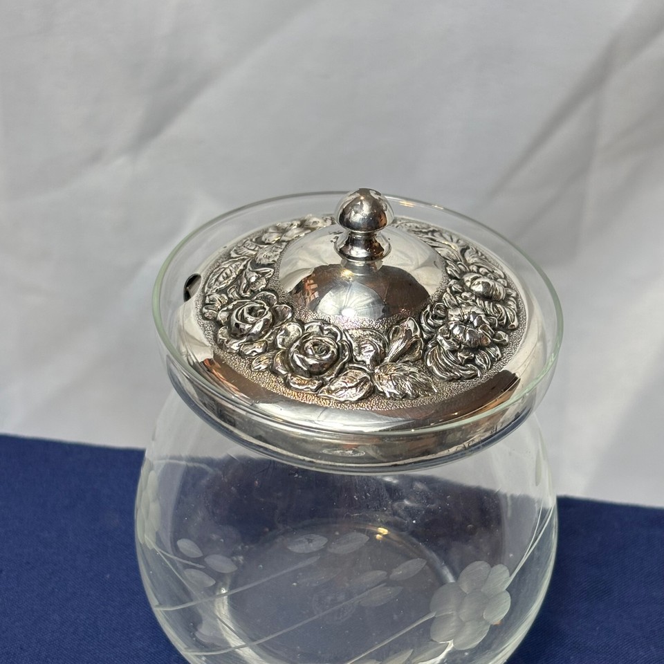 Vtg Stieff Jam Jar Sterling Silver And Glass Handchased Rose Pattern ...