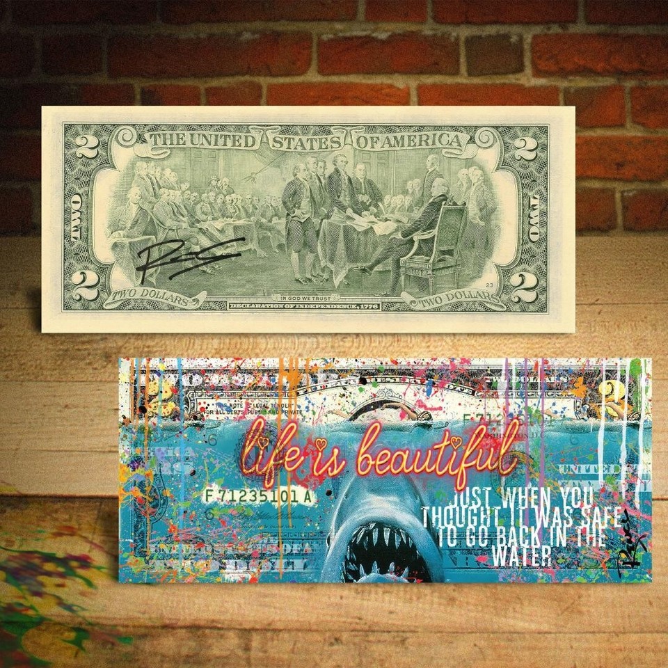 JAWS Movie Great White Shark $2 US Bill Pop Art HAND-SIGNED by Artist ...