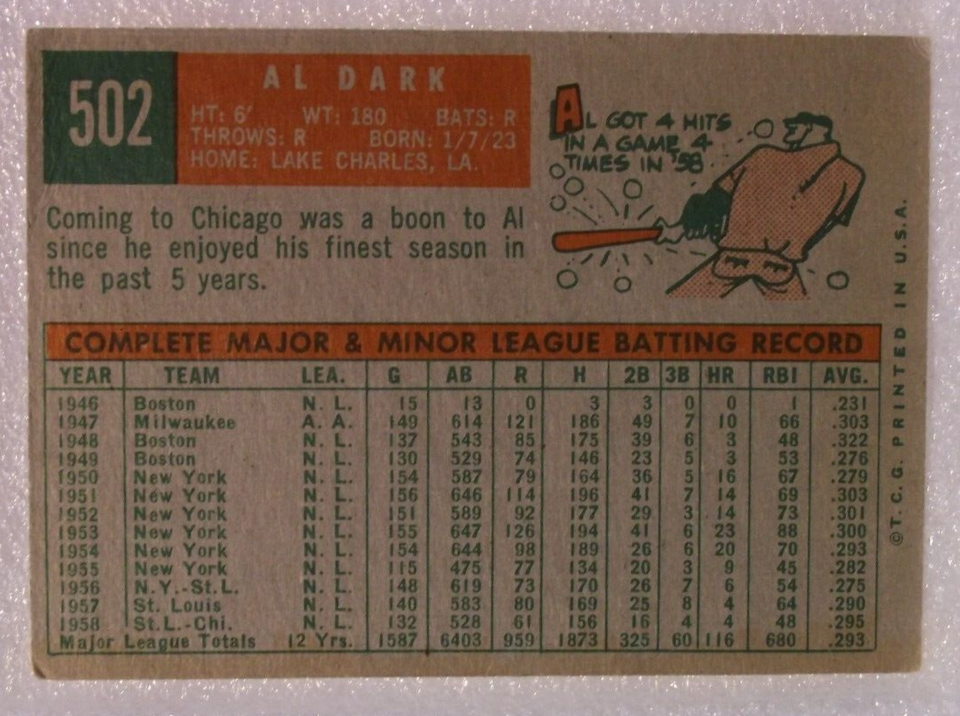Collectible 1959 Topps Al Dark Baseball Trading Card (#502) | eBay