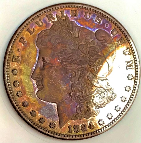 1884 S MORGAN DOLLAR! HUGE CRESCENT RAINBOW! SEMI PROOF LIKE! UNREAL ...