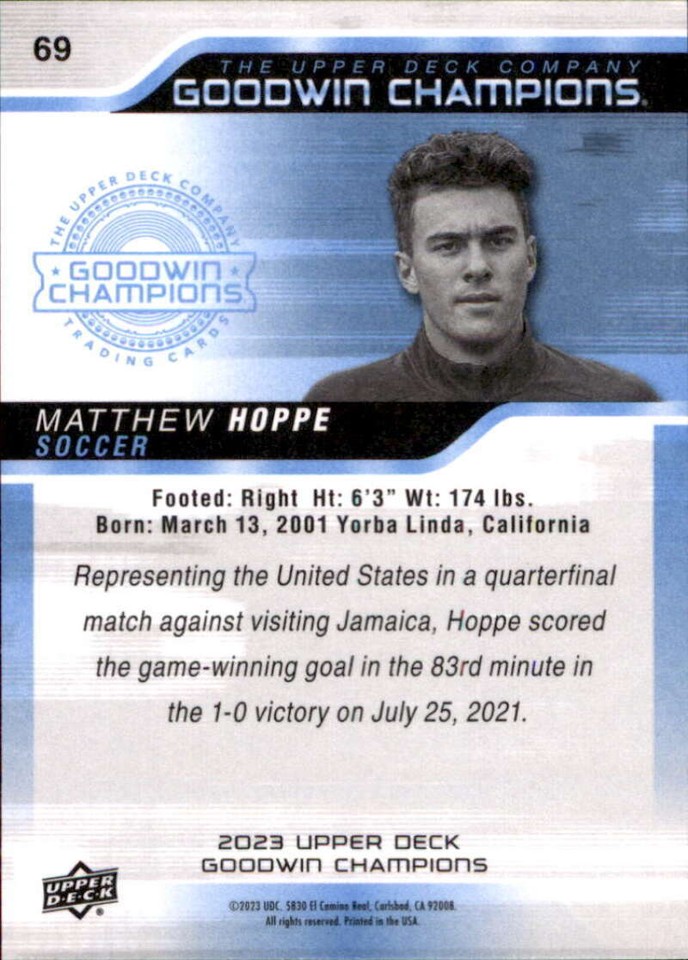 MATTHEW HOPPE RC 2023 Upper Deck Goodwin Champions #69 ROOKIE Soccer ID ...