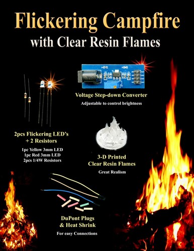 FLICKERING CAMPFIRE KIT w/3-D Clear Resin Flames -Animation RR ...