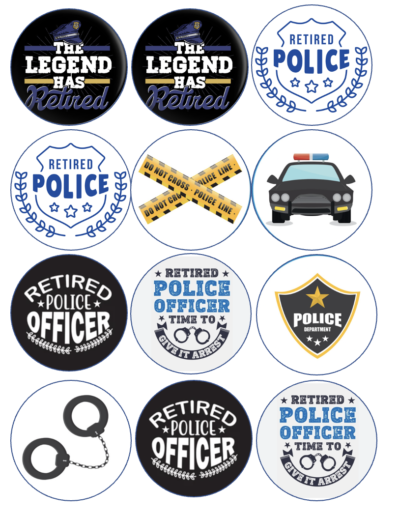 12 police retirement, edible paper, cupcake cookie toppers PRE CUT ...
