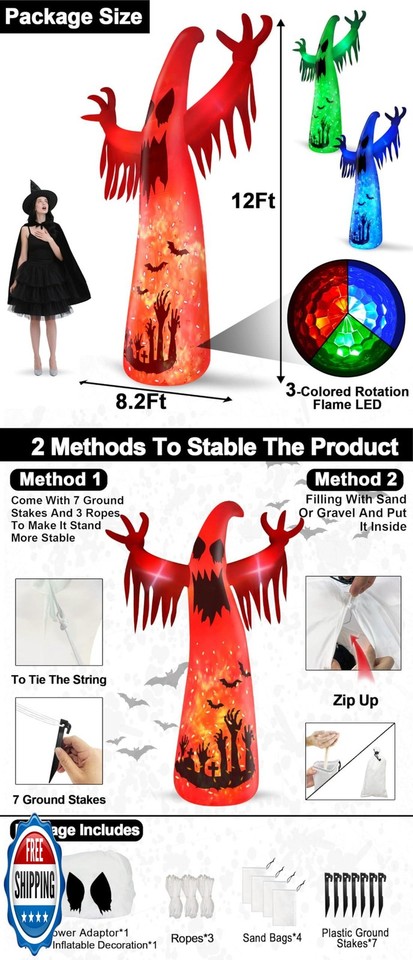 12 Ft Halloween Outdoor Decoration 3 Color Changing Inflatable Ghost ...