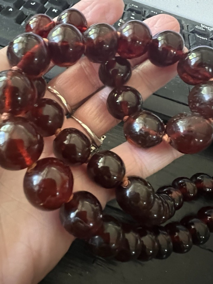 Vintage Cherry Red Amber Round Beaded Necklace 58 Grams 24" Long | eBay