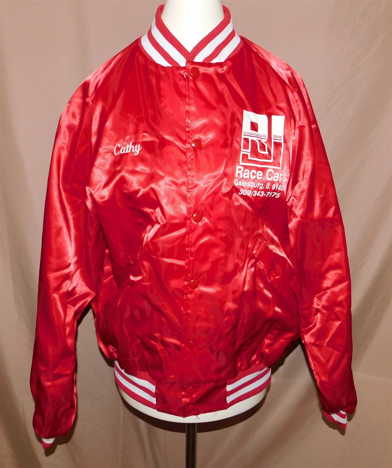 RJ RACE CARS Red Satin Bomber Jacket Vtg Pla-Jac by D… - Gem