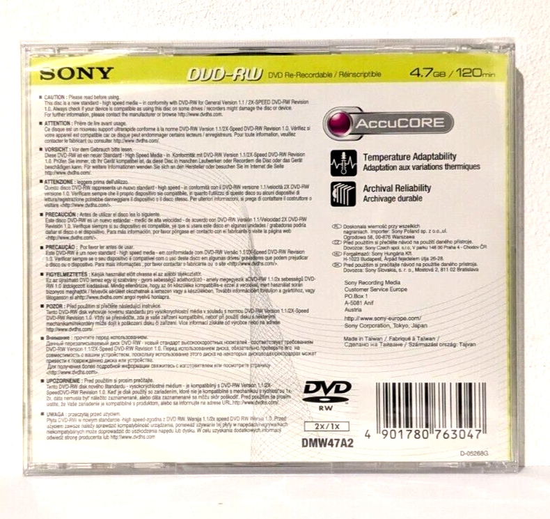 SONY DVD-RW 4.7GB 2x 120min Jewel Case Single Disc – DMW47A2 - NEW ...