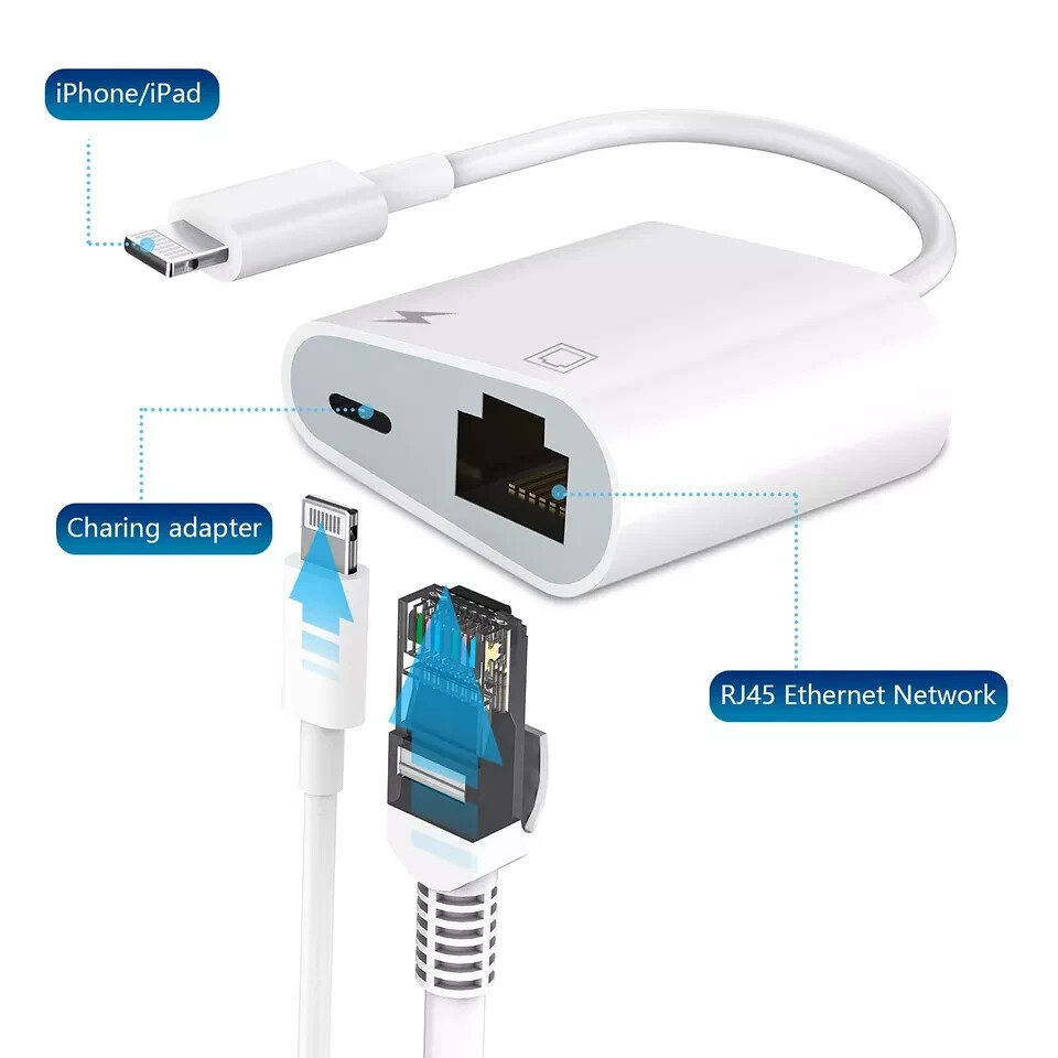 Lightning to Ethernet Adapter Apple MFi Certified 2 in 1 RJ45 Ethernet ...