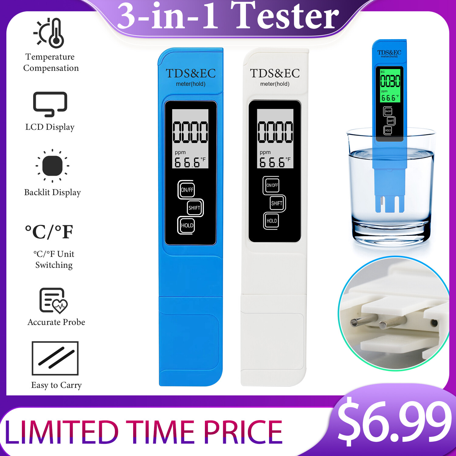 Digital LCD Meter Pen +TDS EC Water Purity PPM Temperature Tester Tool ...
