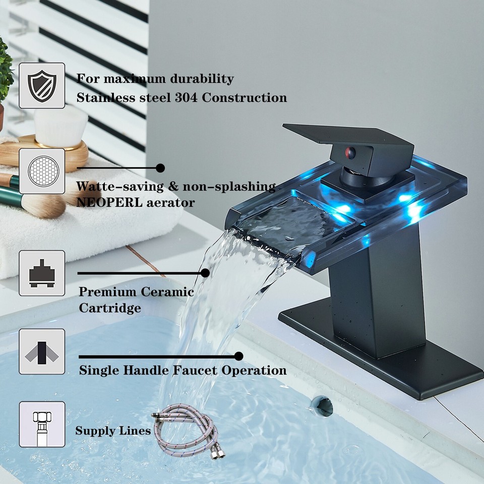 LED Black Waterfall Bathroom Sink Faucet Single Handle Basin Mixer Tap ...