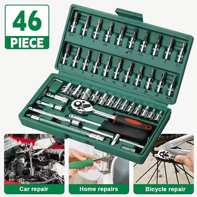 46 Pcs Socket Wrench Set 1/4" Drive Ratchet Metric Kit Garage Car ...