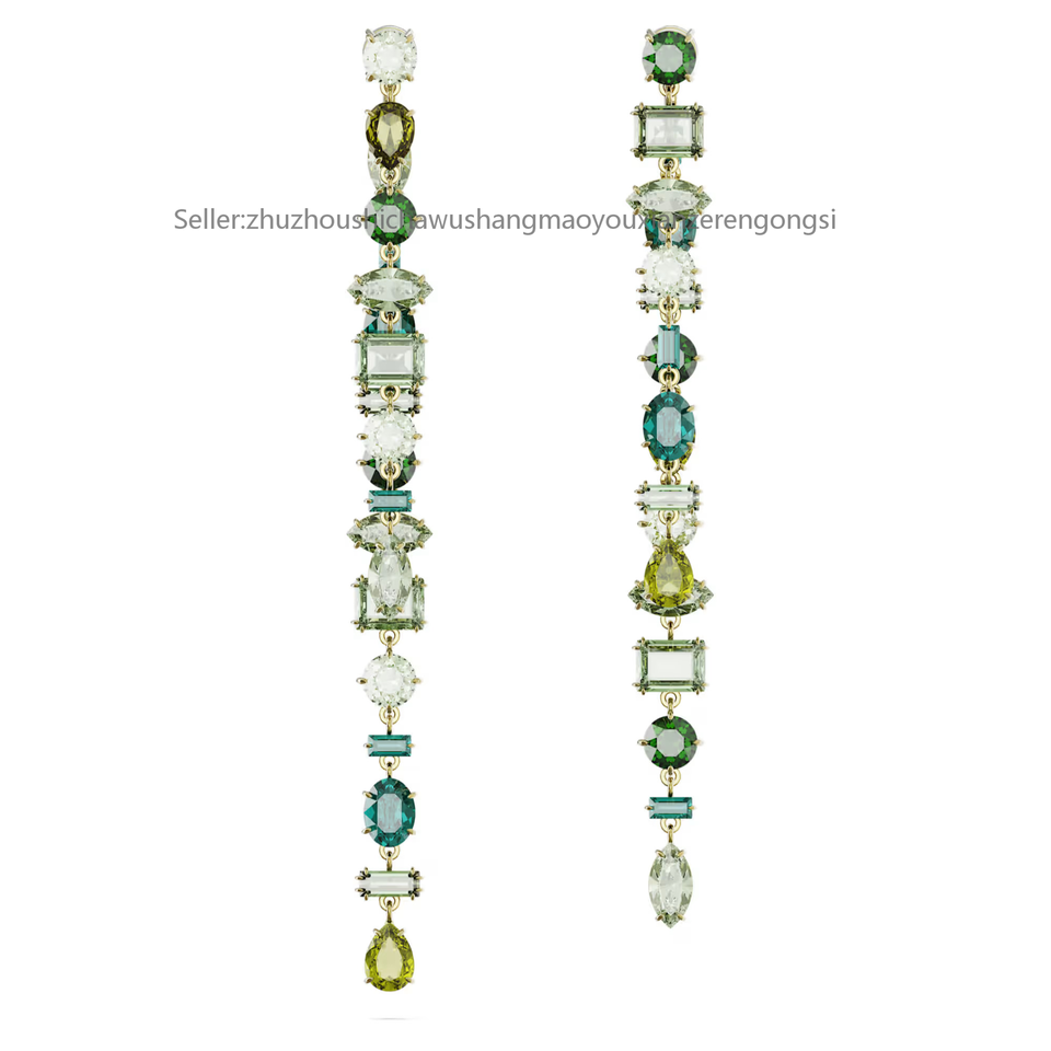 New Gema drop earrings, Asymmetrical, Mixed cuts, Long, Green, Gold ...