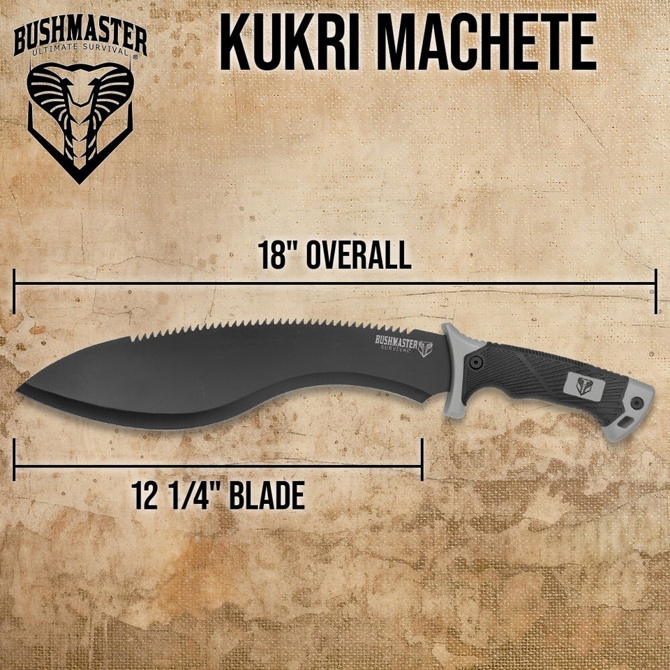 Bushmaster Kukri Machete Knife with Nylon Sheath | Sawback Blade | 18 ...