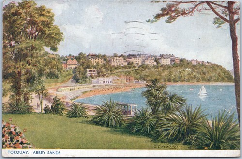 Artistic Vintage Postcard Torquay Abbey Sands Beach Scene Devon England ...