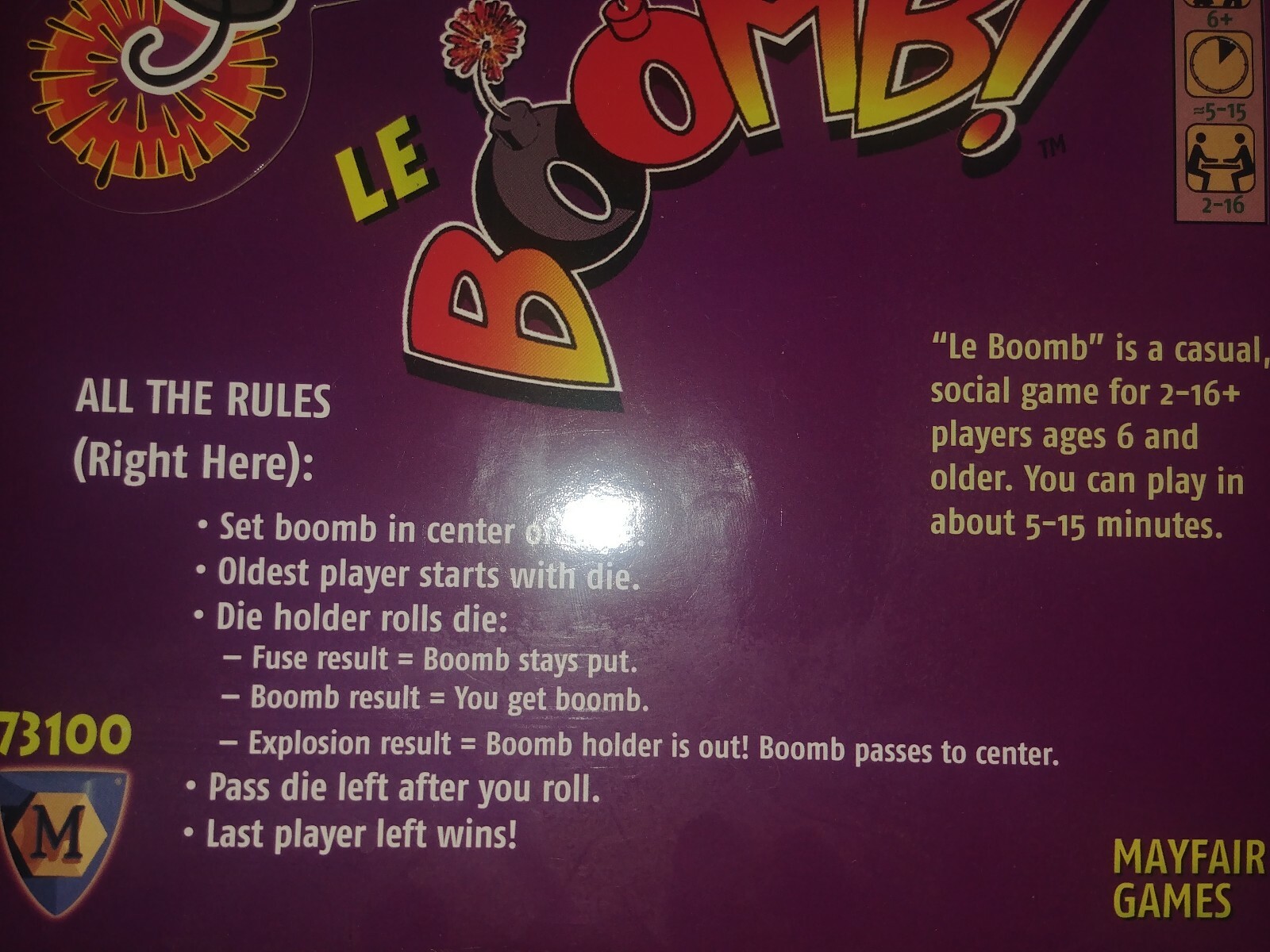NEW in package- LE BOOMB! MAYFAIR GAMES Party Game Dice White Le Bomb ...