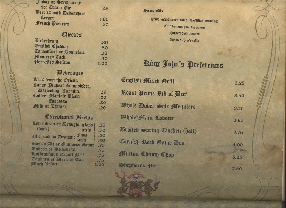 King John's Tavern Dinner Menu Parchment Scroll Mayfair Lennox Hotel St ...