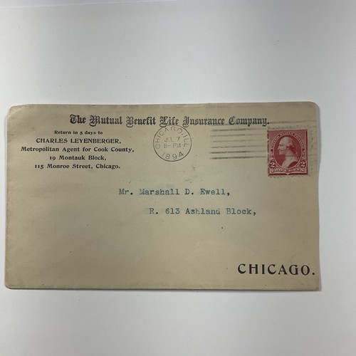 1894 Chicago The Mutual Benefit Life Insurance Company Antique Envelope ...